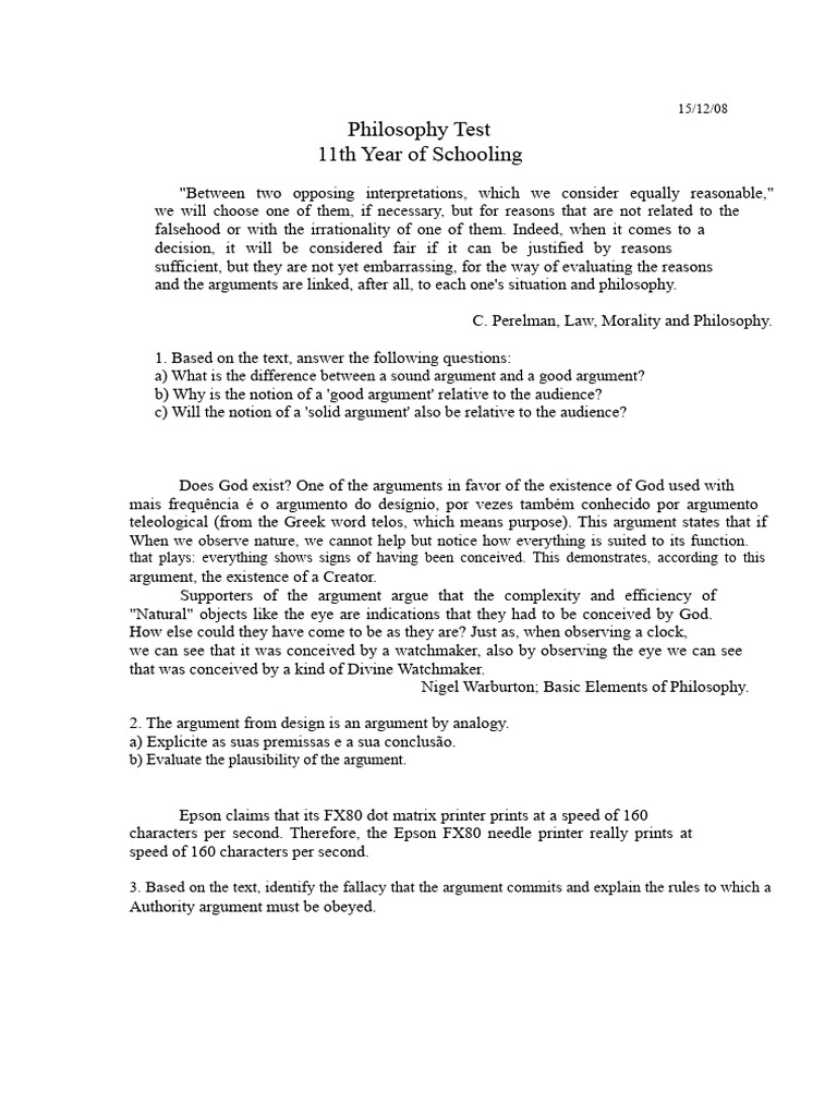 Philosophy Test 11th Grade. Recovery. Corrected. | PDF | Argument | Fallacy