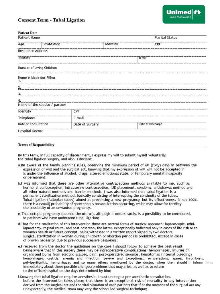 Consent Term for Tubal Ligation - Unimed JM | PDF | Birth Control | Surgery