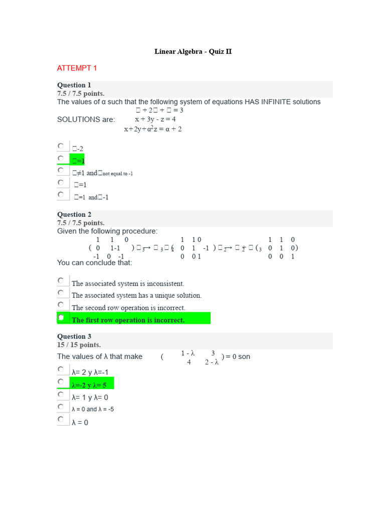 Linear Algebra Quiz II Solutions | PDF | Determinant | Linear Algebra