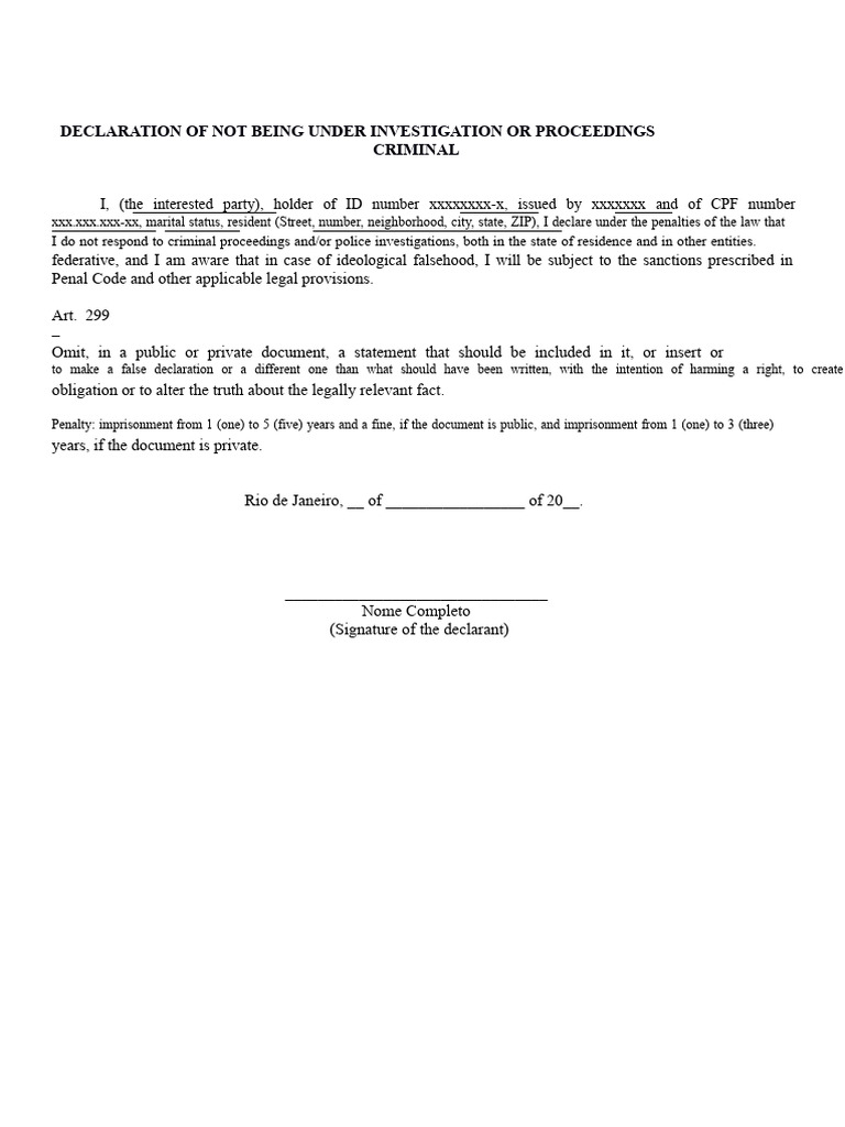Statement of Not Responding To Police Inquiry or Criminal Proceedings ...