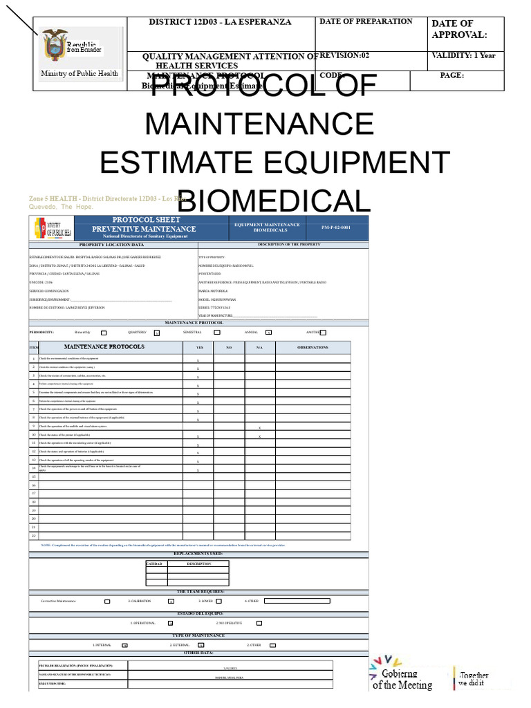 Protocol of Maintenance Estimate Equipment Biomedical: District 12D03 ...