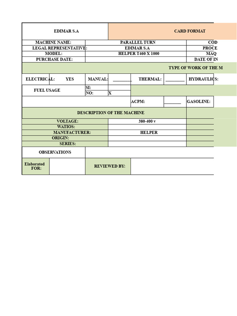 Edimar S.A Machine Specifications Card | PDF