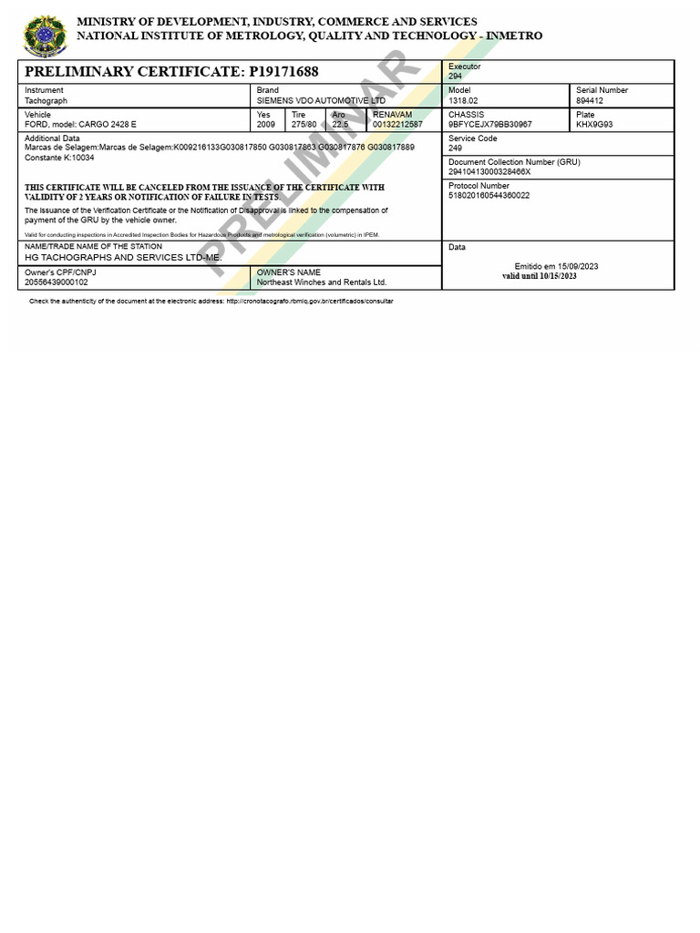 Preliminary Certificate Tachograph | PDF | Vehicles