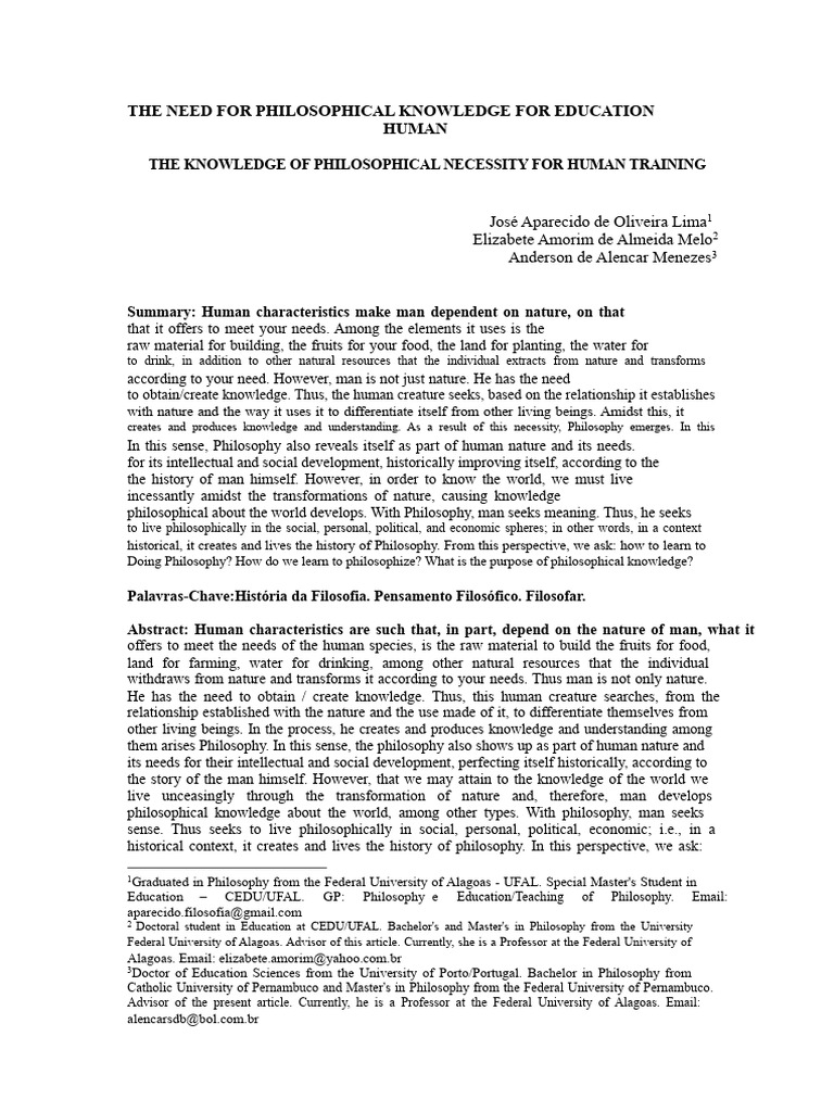 THE NEED FOR PHILOSOPHICAL KNOWLEDGE FOR HUMAN FORMATION | PDF | Reason ...