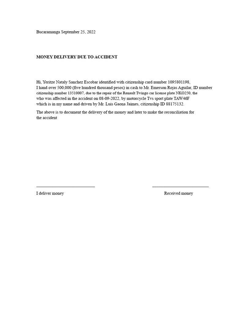 Money Delivery Receipt for Accident Repair | PDF