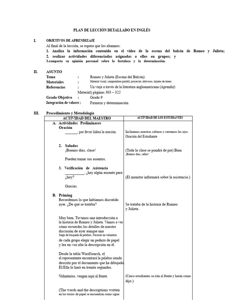 Plan de Lección Detallado en Inglés 9 | PDF | Romeo y Julieta | Julieta