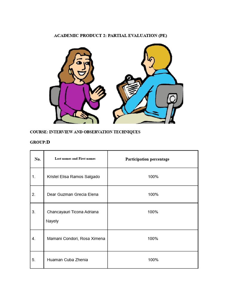 ACADEMIC PRODUCT 2 - PARTIAL EVALUATION (PE) Interview and Observation ...