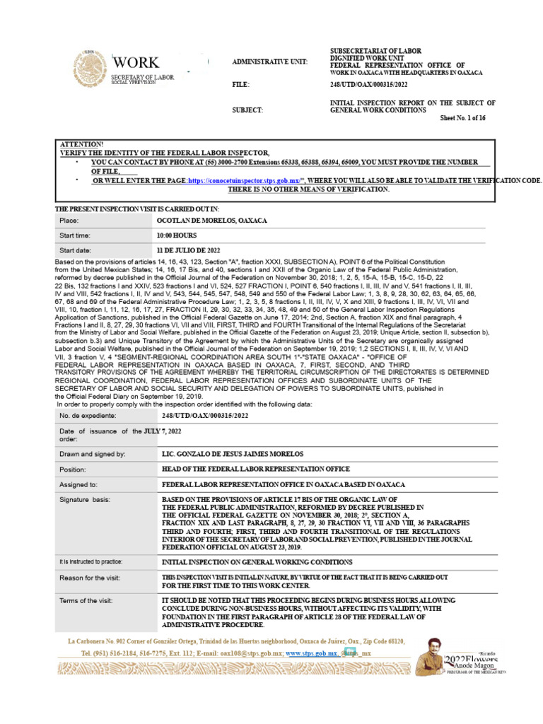 Initial Labor Inspection Report Oaxaca | PDF | Salary | Working Time