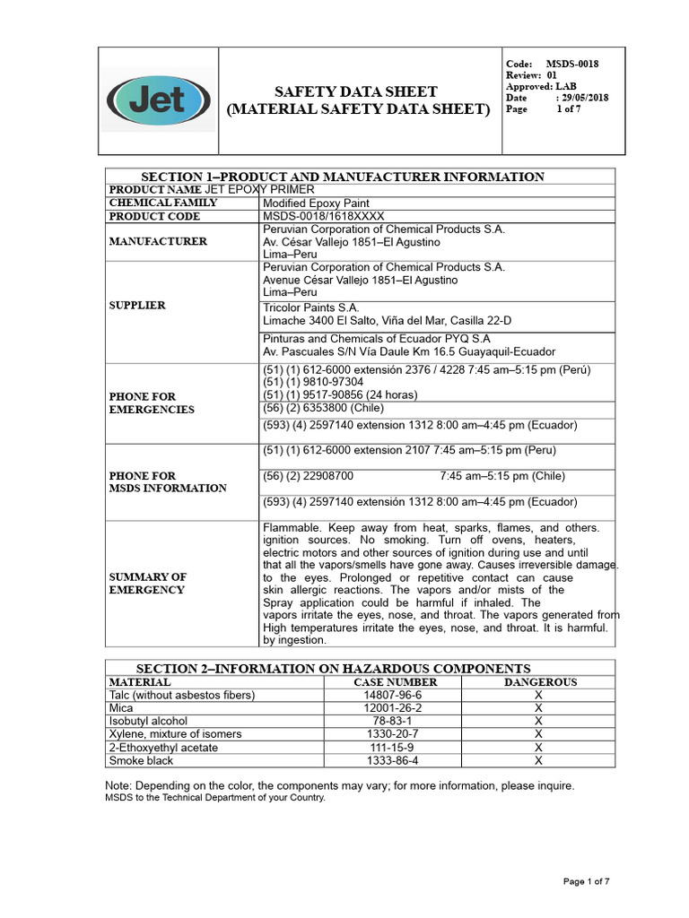 Jet Epoxy Primer Safety Data Sheet | PDF | Personal Protective ...
