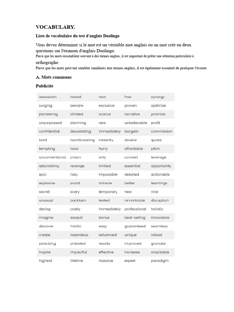 Vocabulaire essentiel pour le test Duolingo | PDF | Langue anglaise ...