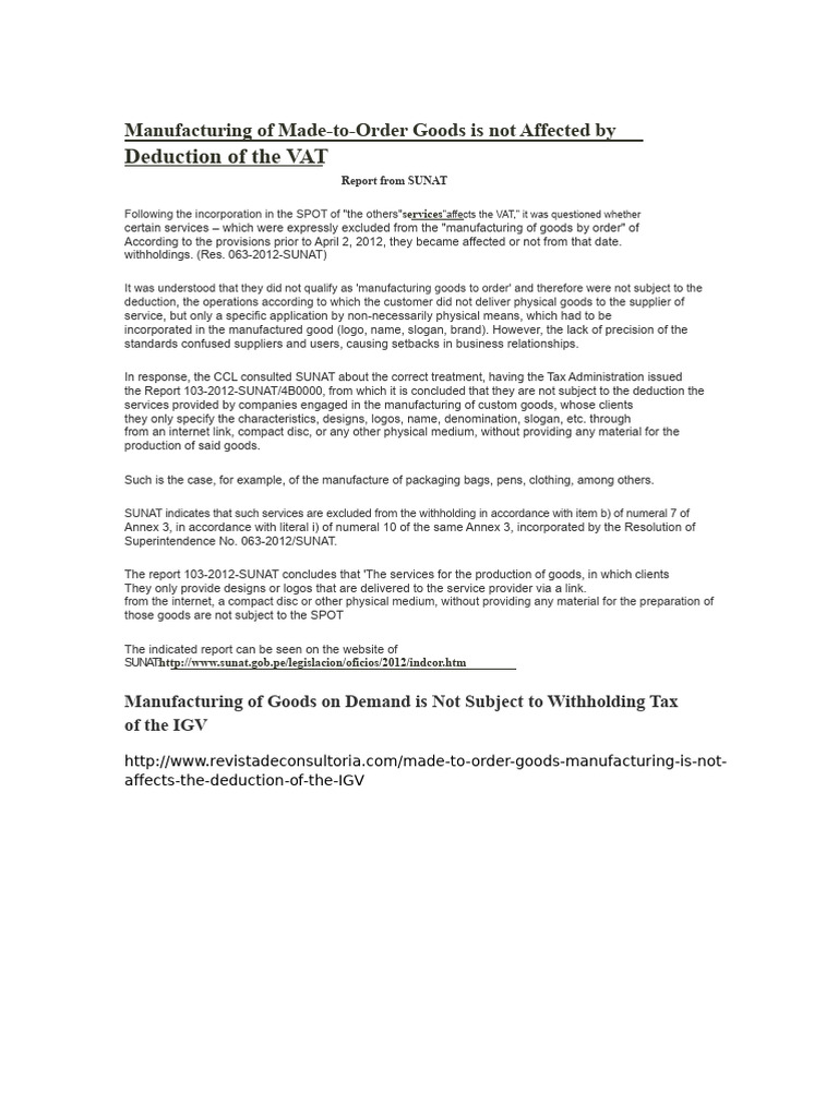 Manufacturing of Custom Goods Is Not Subject To IGV Withholding | PDF ...