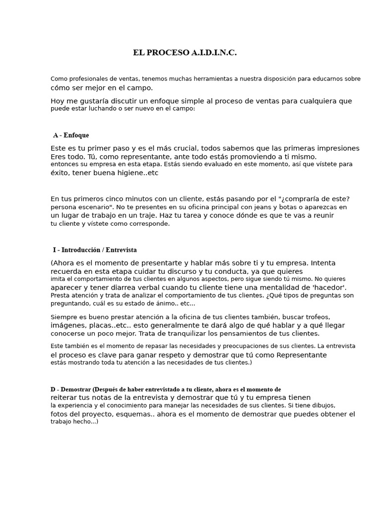 Proceso de Ventas A.I.D.I.N.C. | PDF | Comportamiento | Cliente