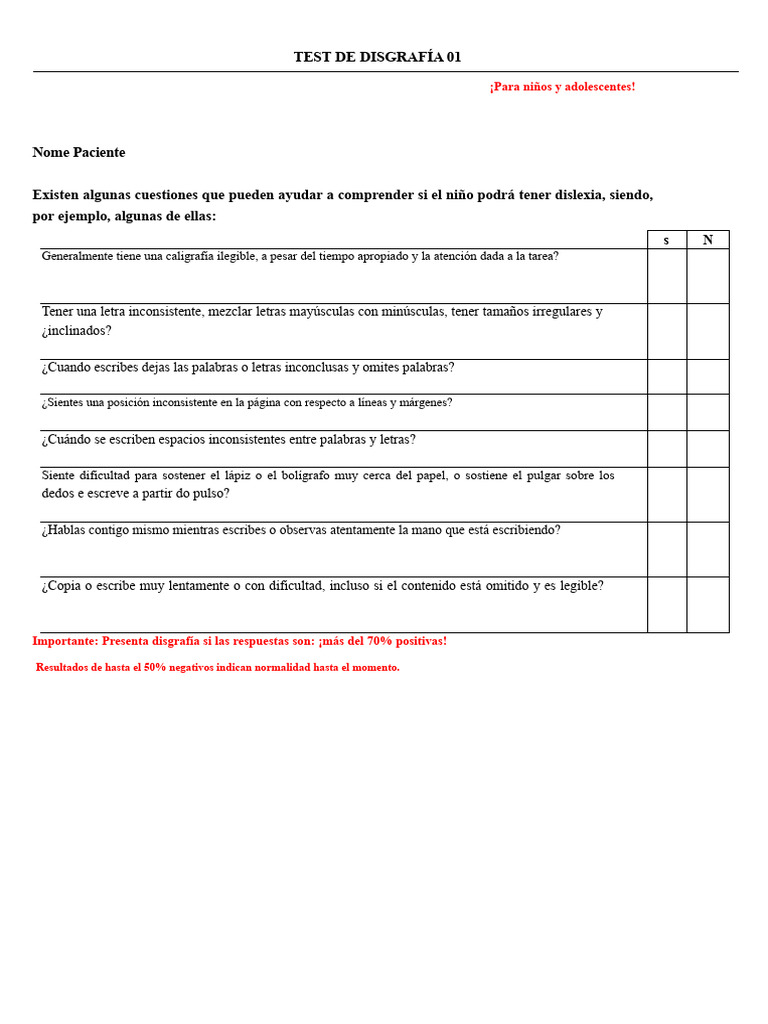 Test de Disgrafía para Niños y Adultos | PDF | Escritura