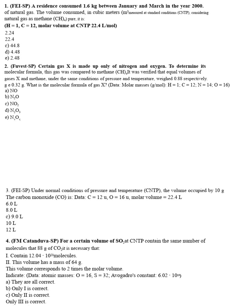Molar Volume Exercise List | PDF | Mole (Unit) | Gases
