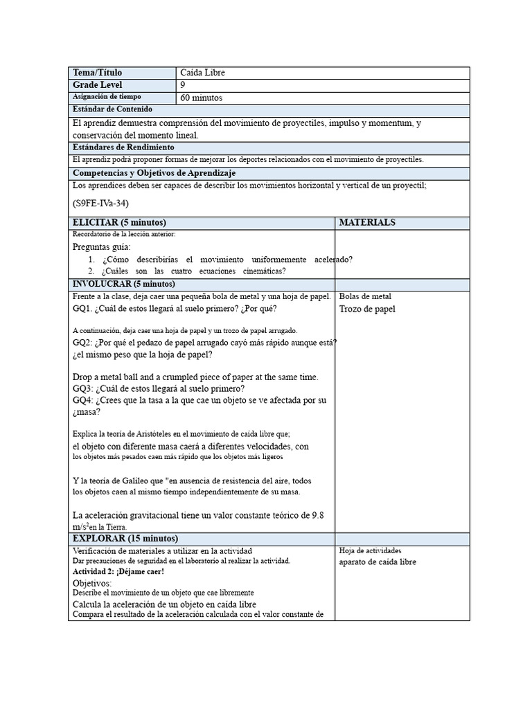 Plan de Lección Caída Libre-1 | PDF | Masa | Gravedad