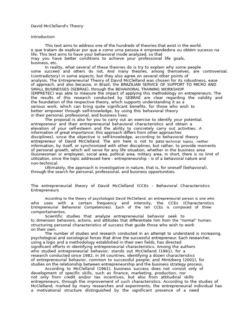 1 - David McClelland's Theory - Text | PDF | Entrepreneurship | Psychology