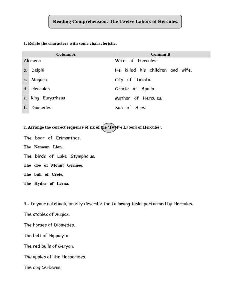 Reading Comprehension - Twelve Labors of Hercules | PDF