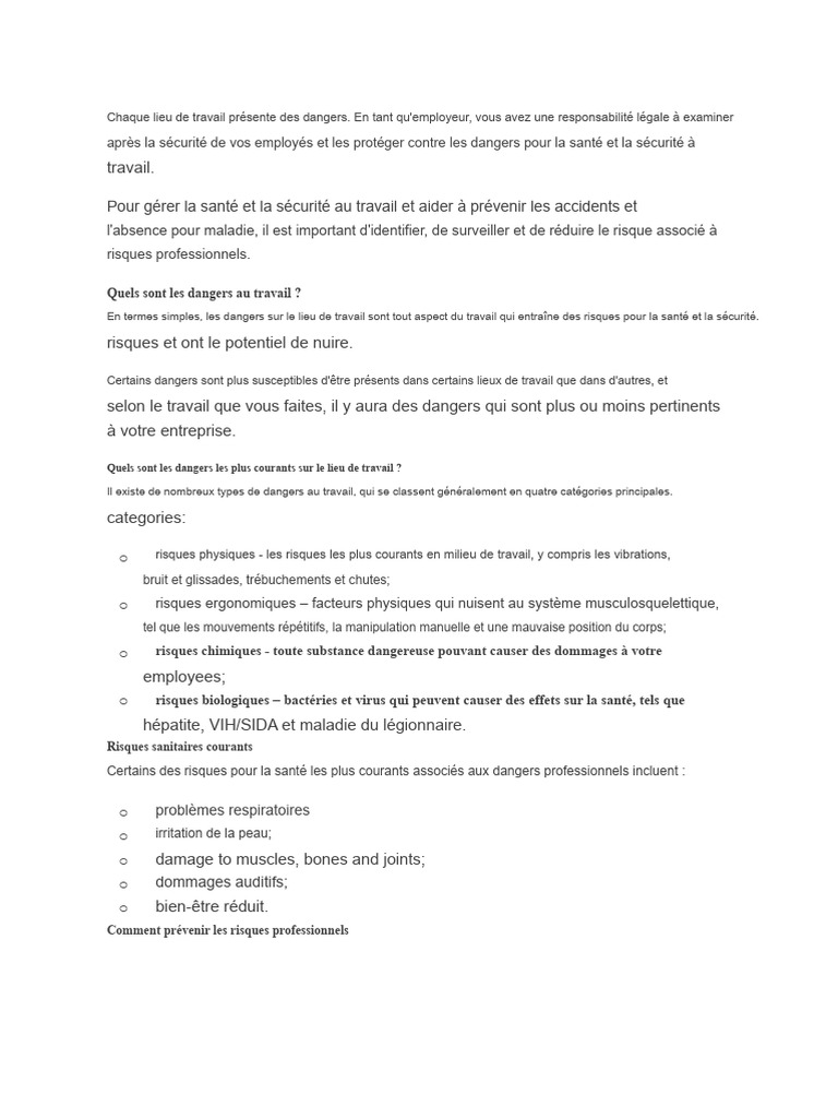 Dangers et risques au travail : Guide complet | PDF | Risque | Cancer