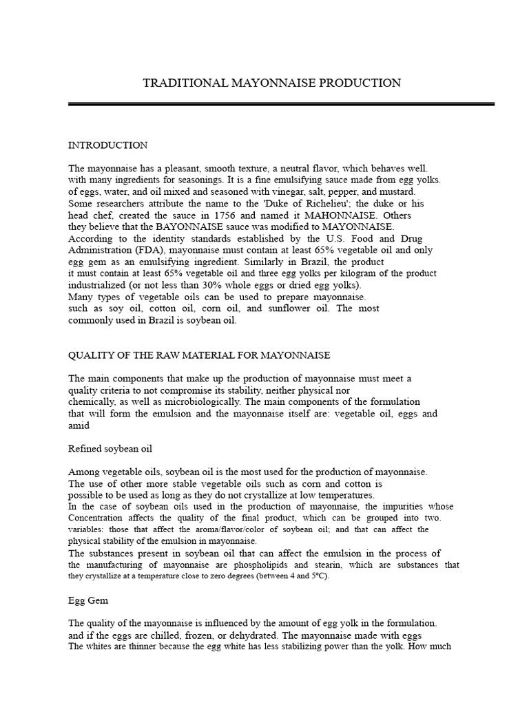 Traditional Mayonnaise Production Guide | PDF | Mayonnaise | Emulsion