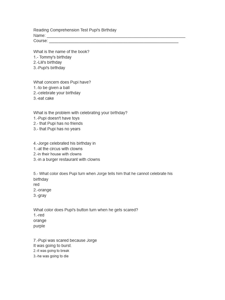 Reading Comprehension Test The Birthday of Pupi | PDF