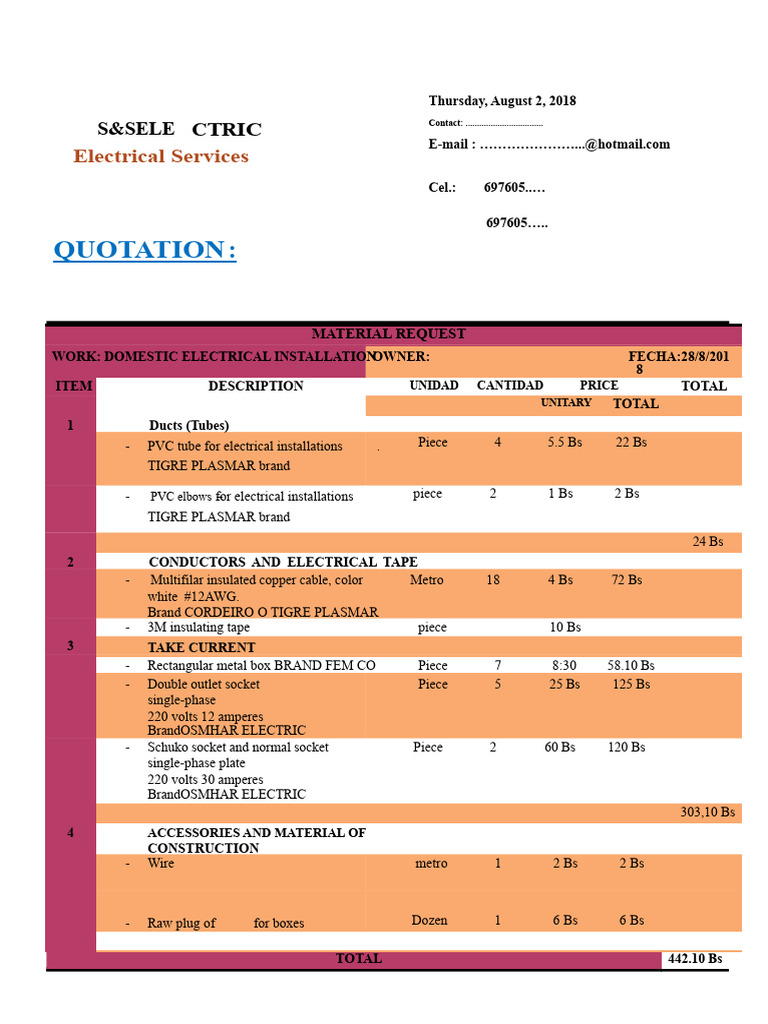 Example of A Quotation For Electrical Installations | PDF | Electrical ...