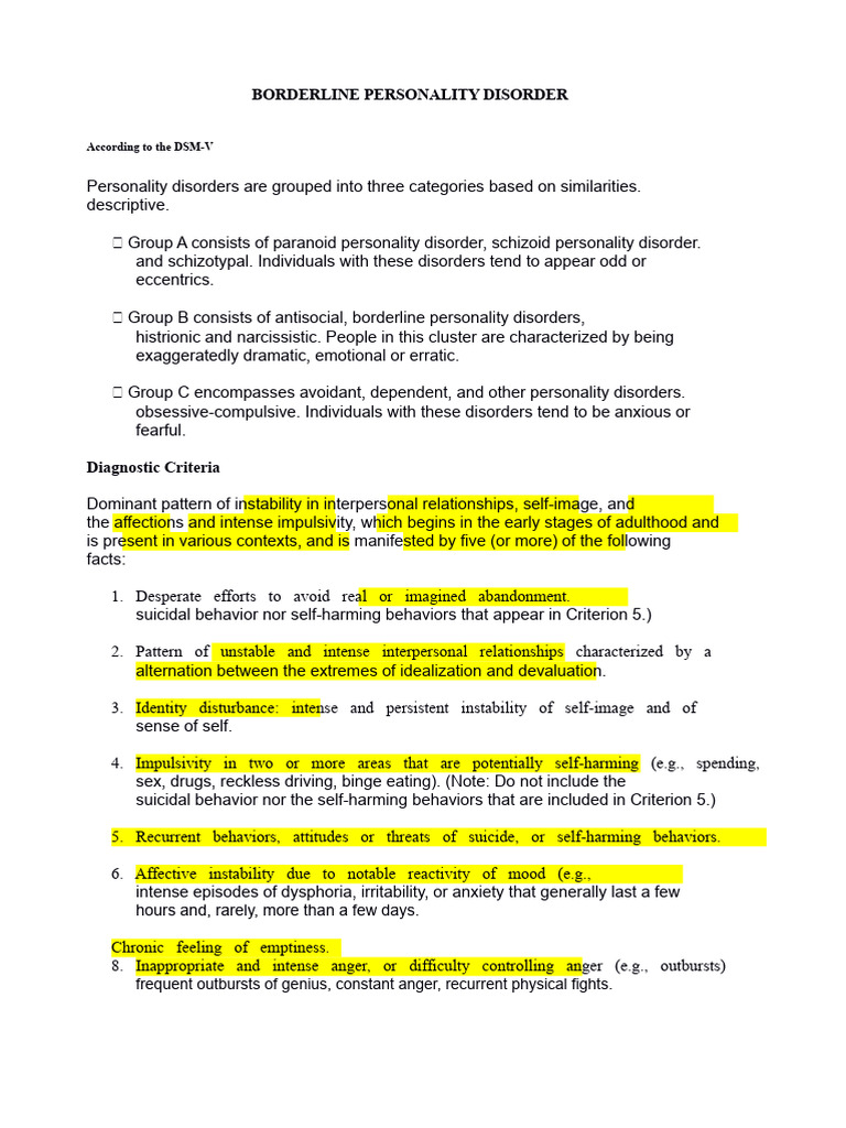 Borderline Personality DSM - V | PDF | Personality Disorder ...