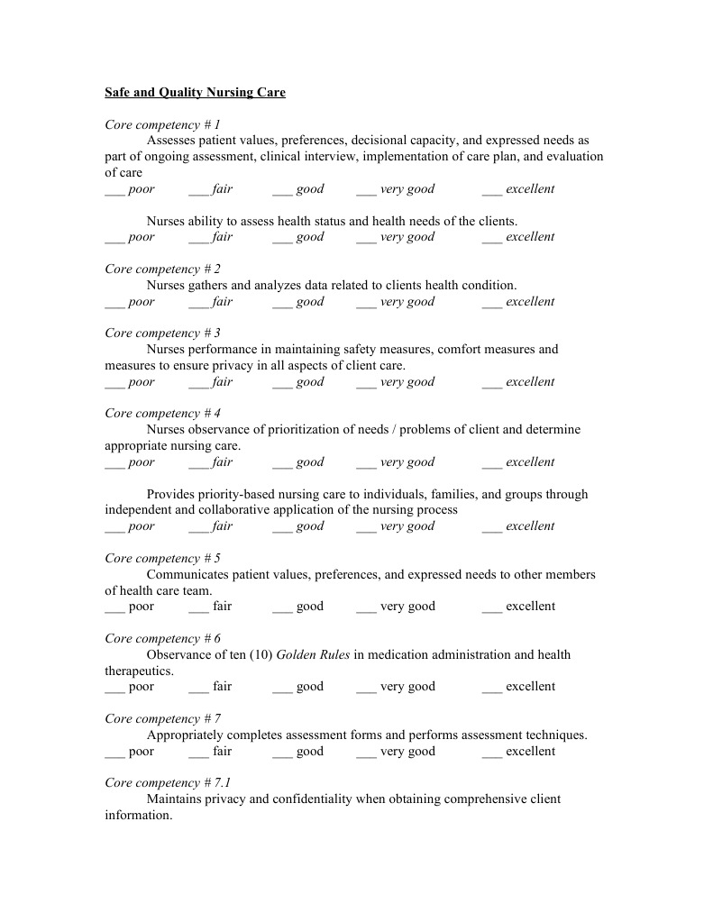 Safe Quality Nursing Care Checklist | PDF | Nursing | Patient