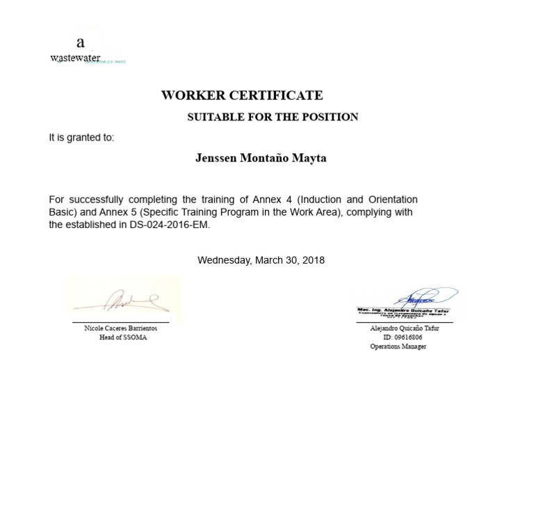 Worker Certificate for Jenssen Montaño | PDF