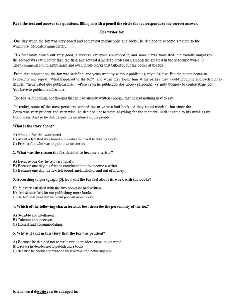 Reading comprehension the fox writer..docx | PDF