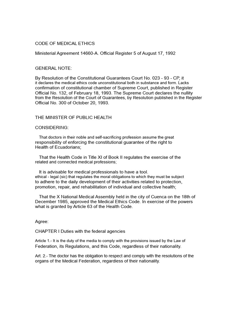 Medical Ethics Code 1992-Ecuador | PDF | Physician | Confidentiality