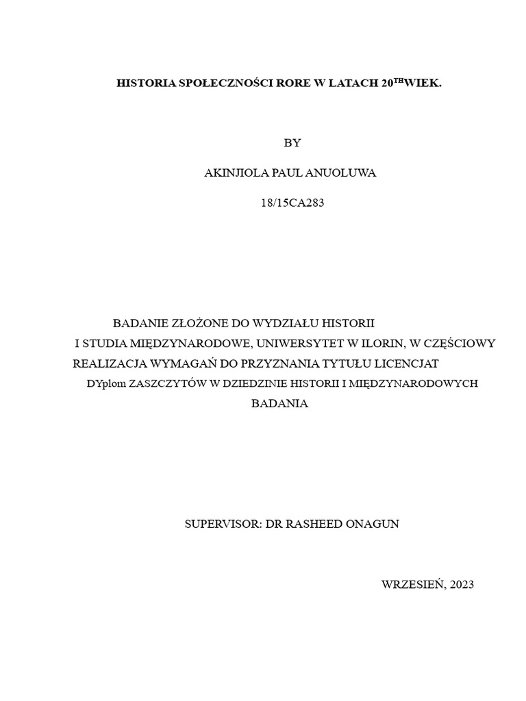 Historia społeczności Rore w XX wieku | PDF