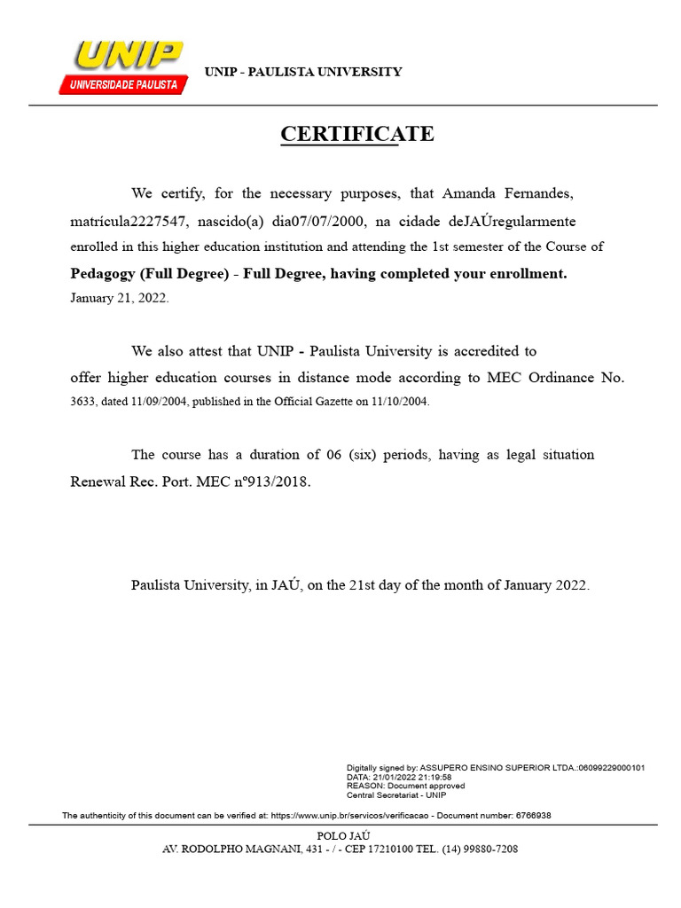 UNIP Paulista University Enrollment Certificate | PDF