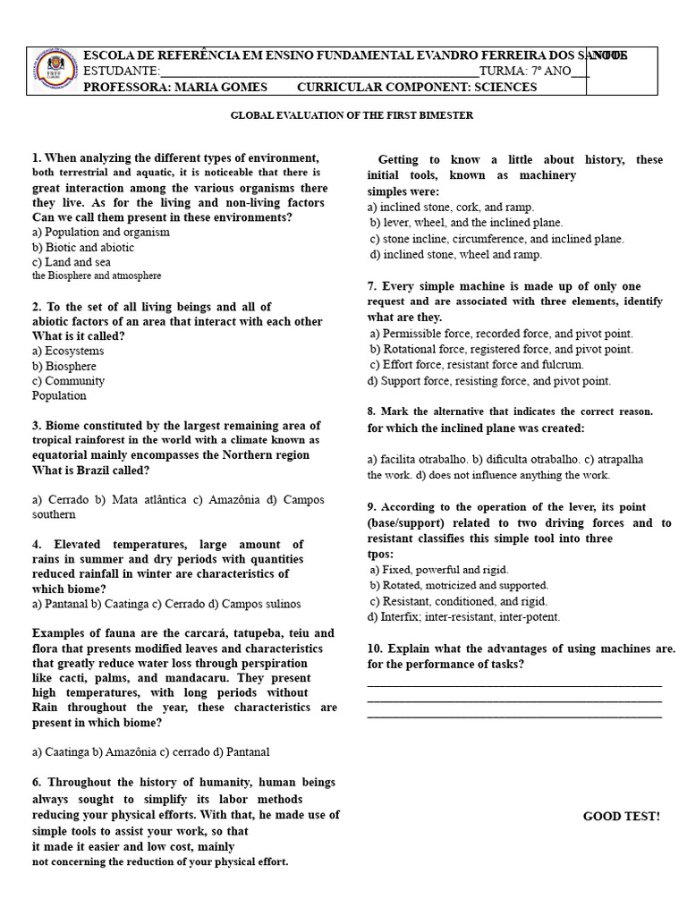 Science Test 7th Grade 2024 | PDF | Machines | Lever