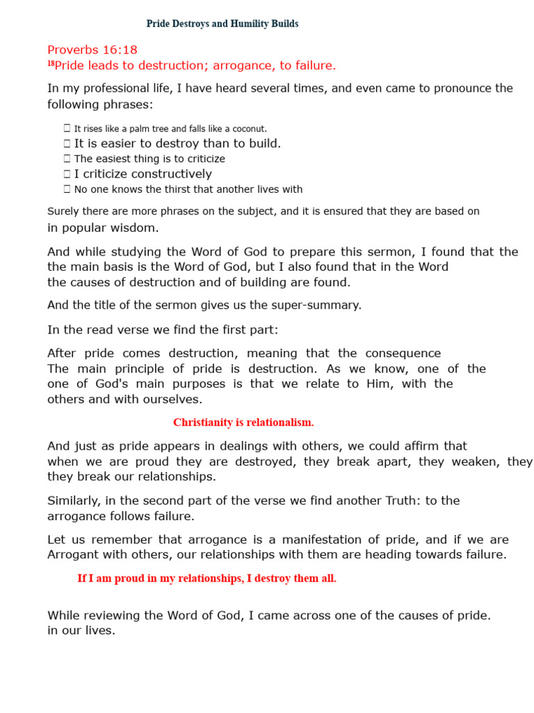 Pride Destroys and Humility Builds | PDF | Humility | Pride