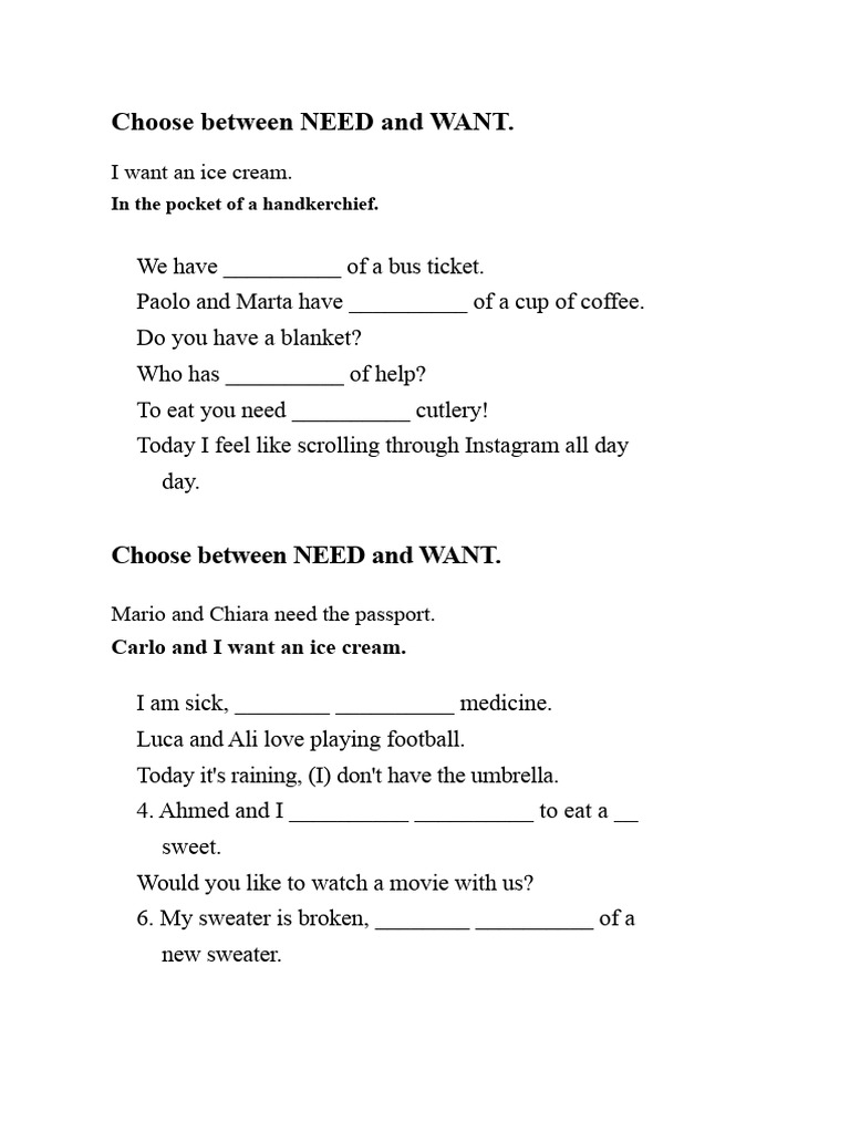 EXERCISES - need_want (2) | PDF | Grammar | Linguistic Morphology