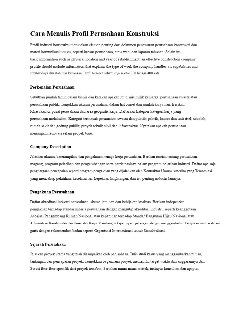 Panduan Menulis Profil Perusahaan Konstruksi | PDF
