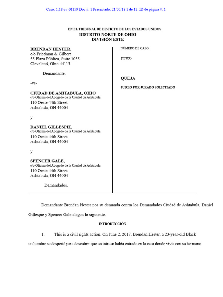 Queja Presentada Por Brendan Hester Contra La Ciudad de Ashtabula ...