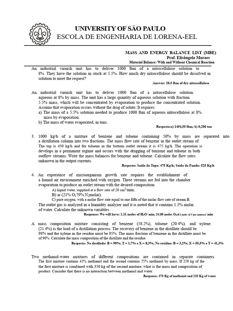 Exercise List - Material Balance - BME | PDF | Distillation | Ammonia