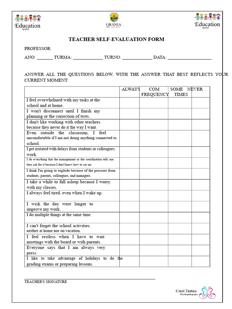 Teacher Self-Evaluation Questionnaire | PDF