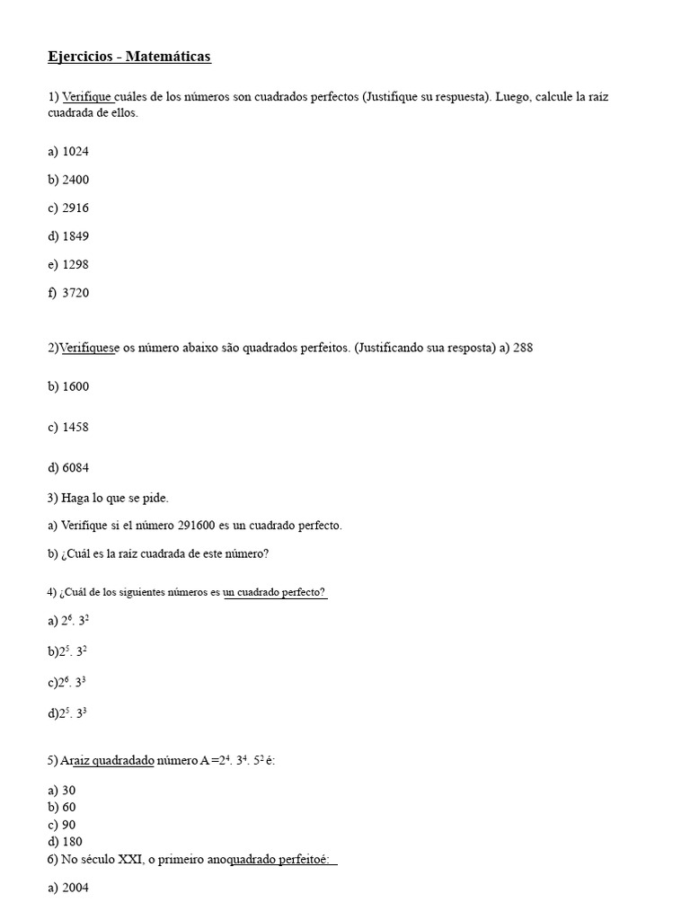 Ejercicios - Cuadrado Perfecto | PDF