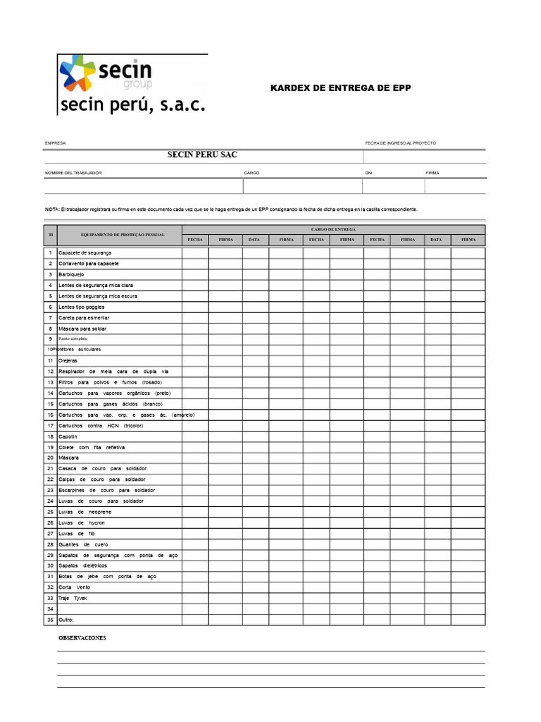 Kardex de Entrega de EPP en SECIN PERU | PDF