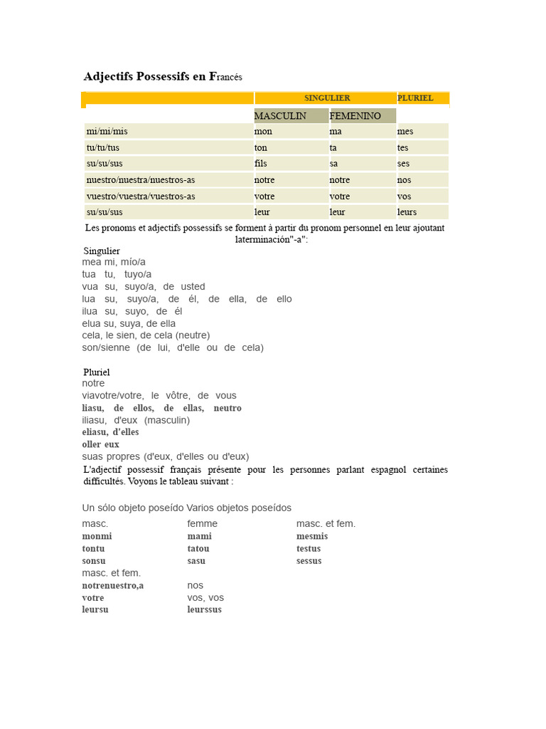 Adjectifs Possessifs en Français et Espagnol | PDF