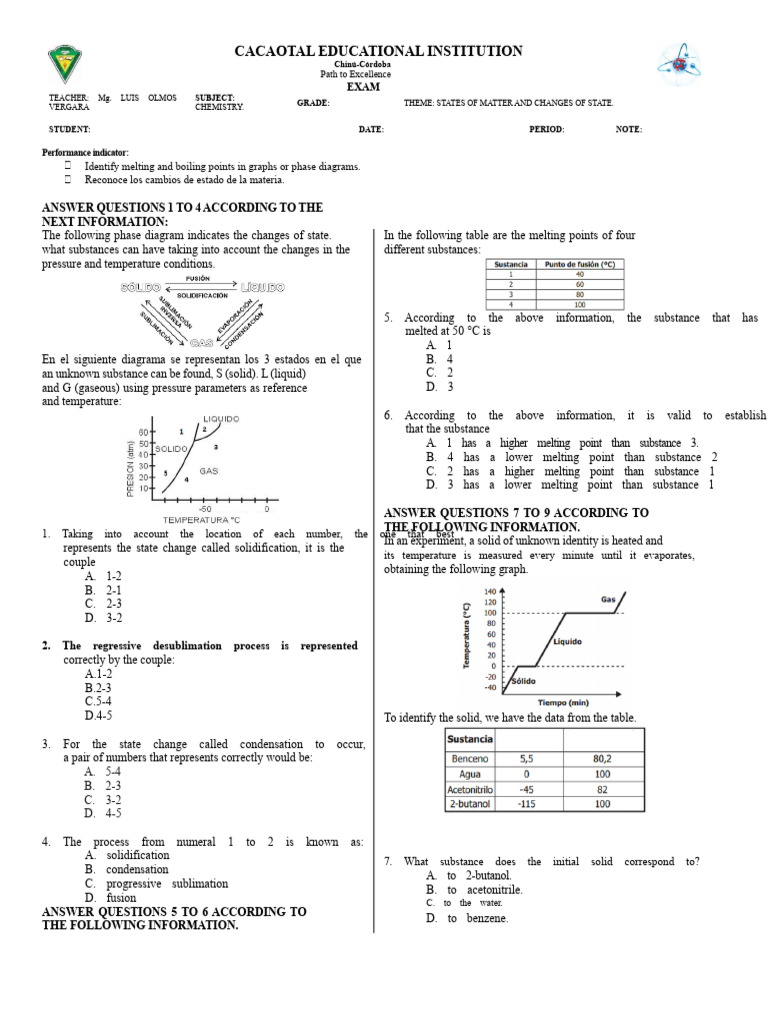 Chemistry Exam: States of Matter | PDF | Melting Point | Liquids