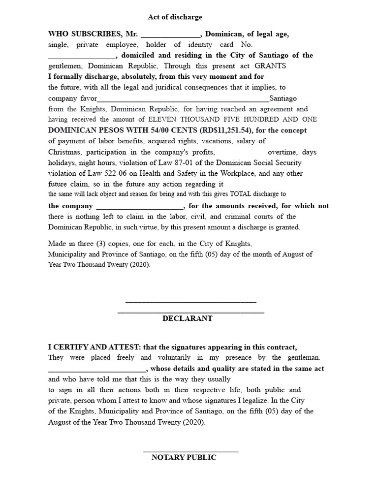 Labor Discharge Agreement Document | PDF | Dominican Republic | Justice