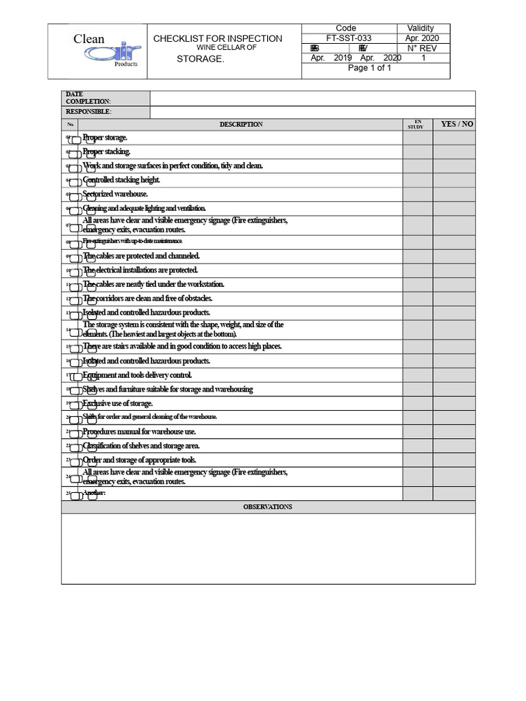 Wine Cellar Inspection Checklist | PDF | Warehouse | Safety