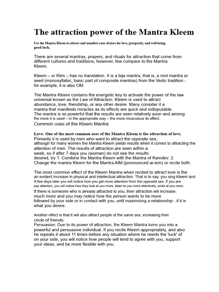 The Attraction Power of The Kleem Mantra | PDF | Mantra | Psychological ...