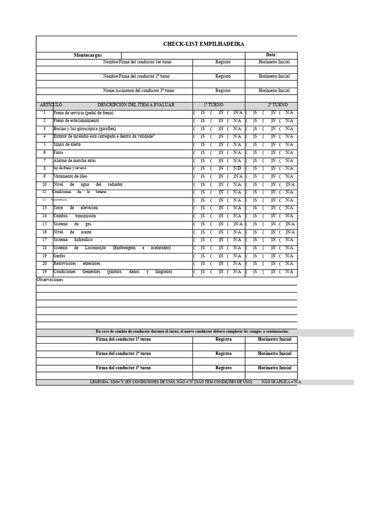 Check List De Seguridad Para Montacargas Pdf Vehículo De Motor