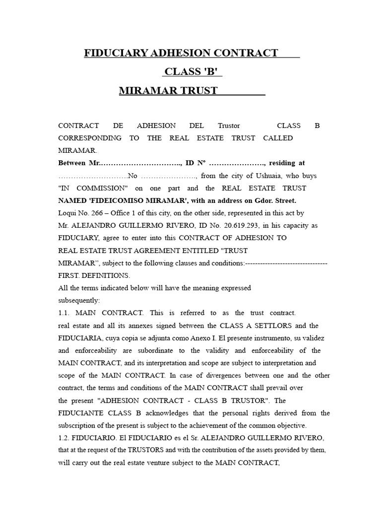 Miramar Trust Class B Adhesion Contract | PDF | Fiduciary | Wall