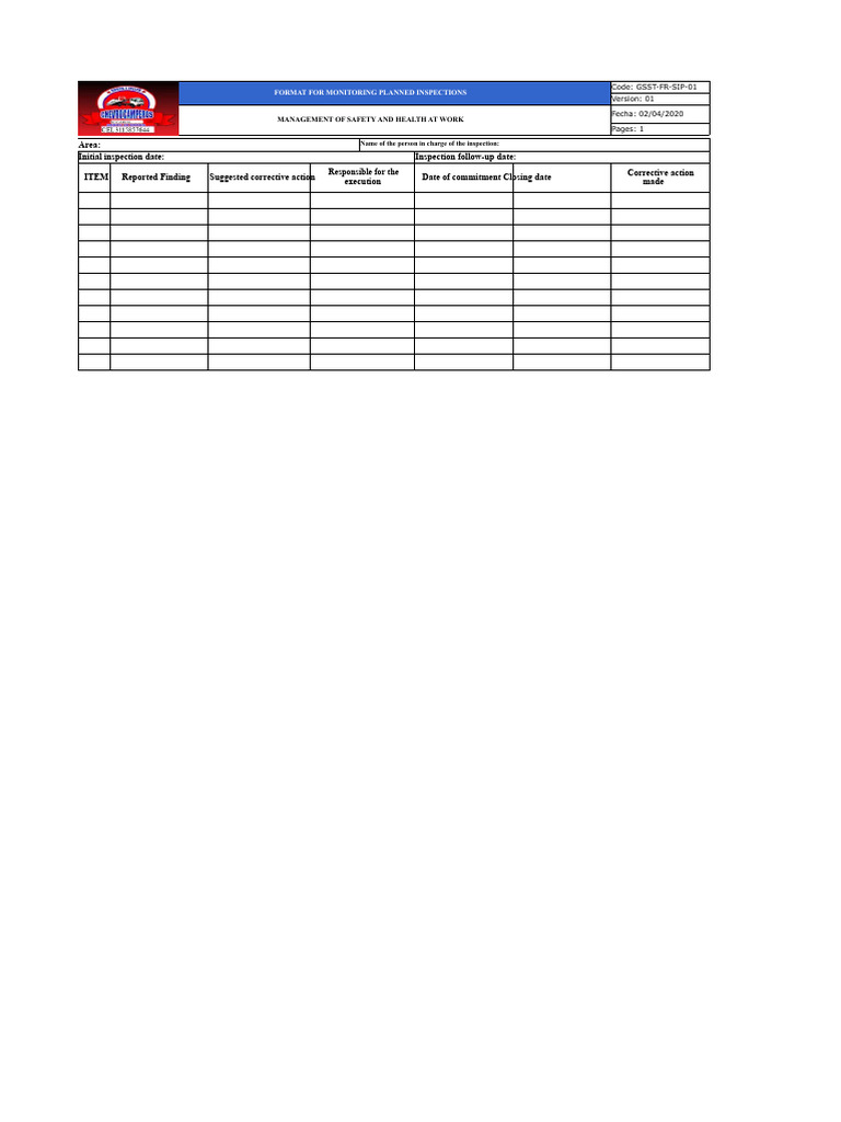 Inspection Monitoring Format for Safety | PDF