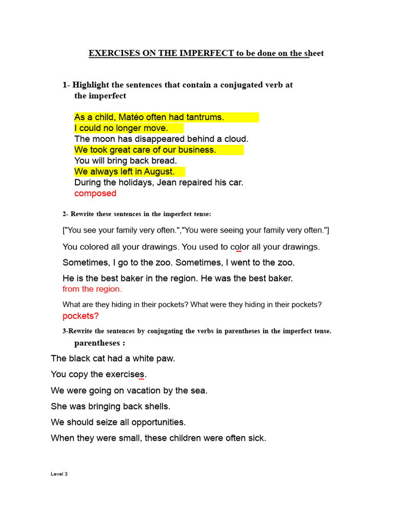 Correct Exercises Imperfect - 6 | PDF | Grammatical Tense | Grammatical ...